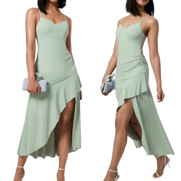 HALARA | Dresses | Halara Ruched Split Hem Midi Light Green Sleeveless ...